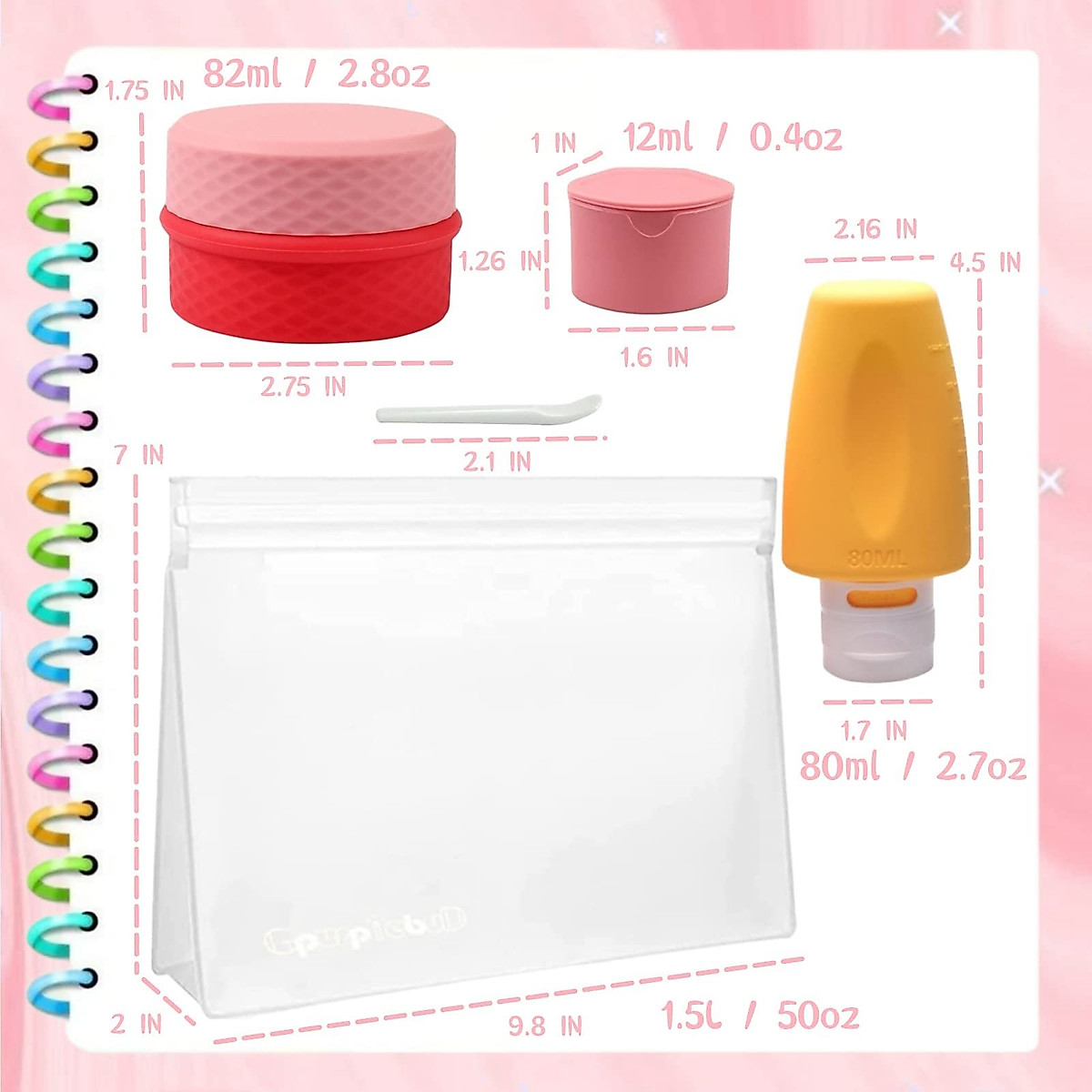 Gpurplebud Portable Travel Bottles Set, 10 Pack Refillable TSA Approved Travel Bottles for Toiletries 2.7oz Leak Proof with Travel Size Containers 2.8oz, with Toiletry Bags (Pink-kits)