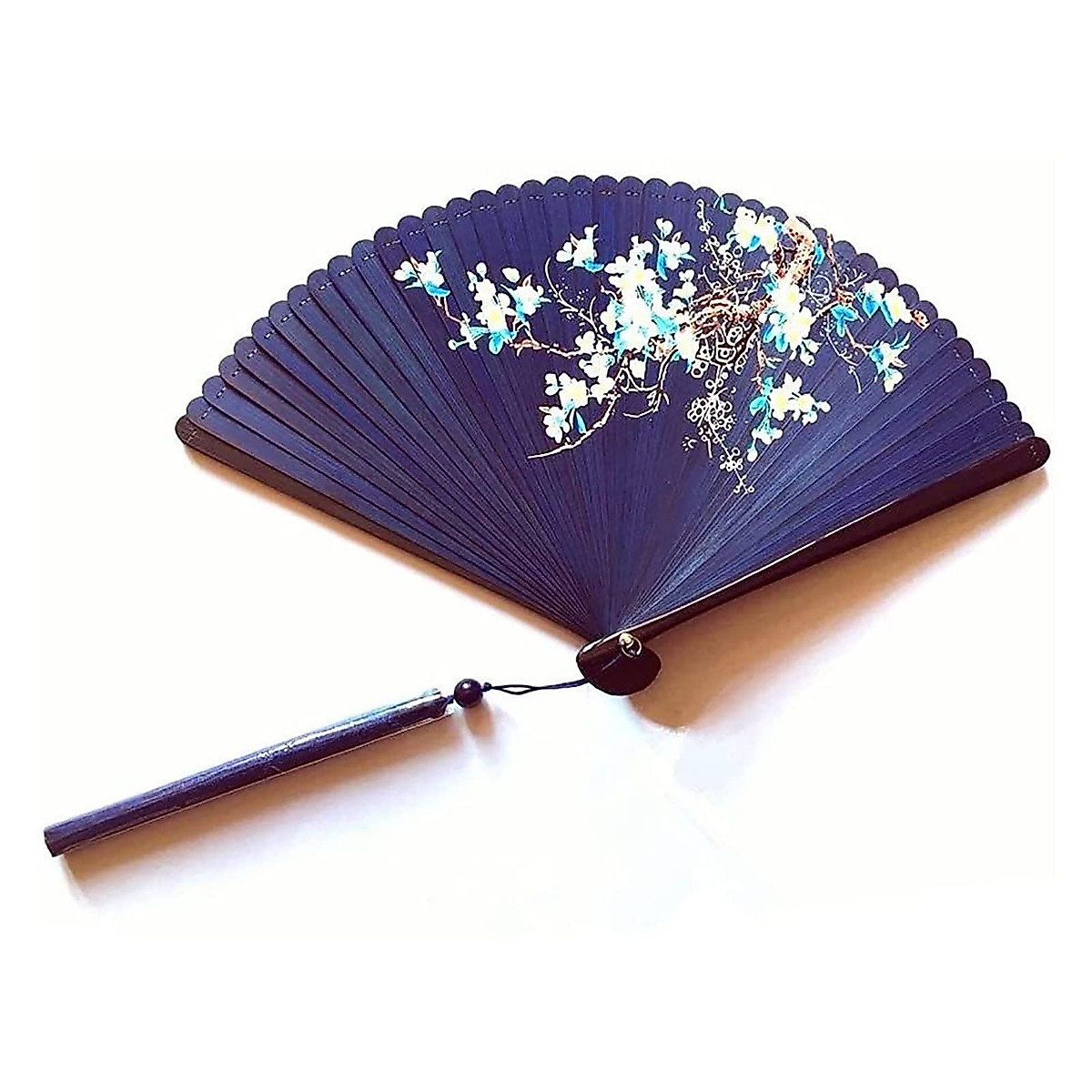 Wooden Navy Blue Folding Fan with a Tassel, Portable Bamboo Rids Folded Fan, Chinese Style Handmade Small Dance Fan (Color : Blue, Size : 7.3")