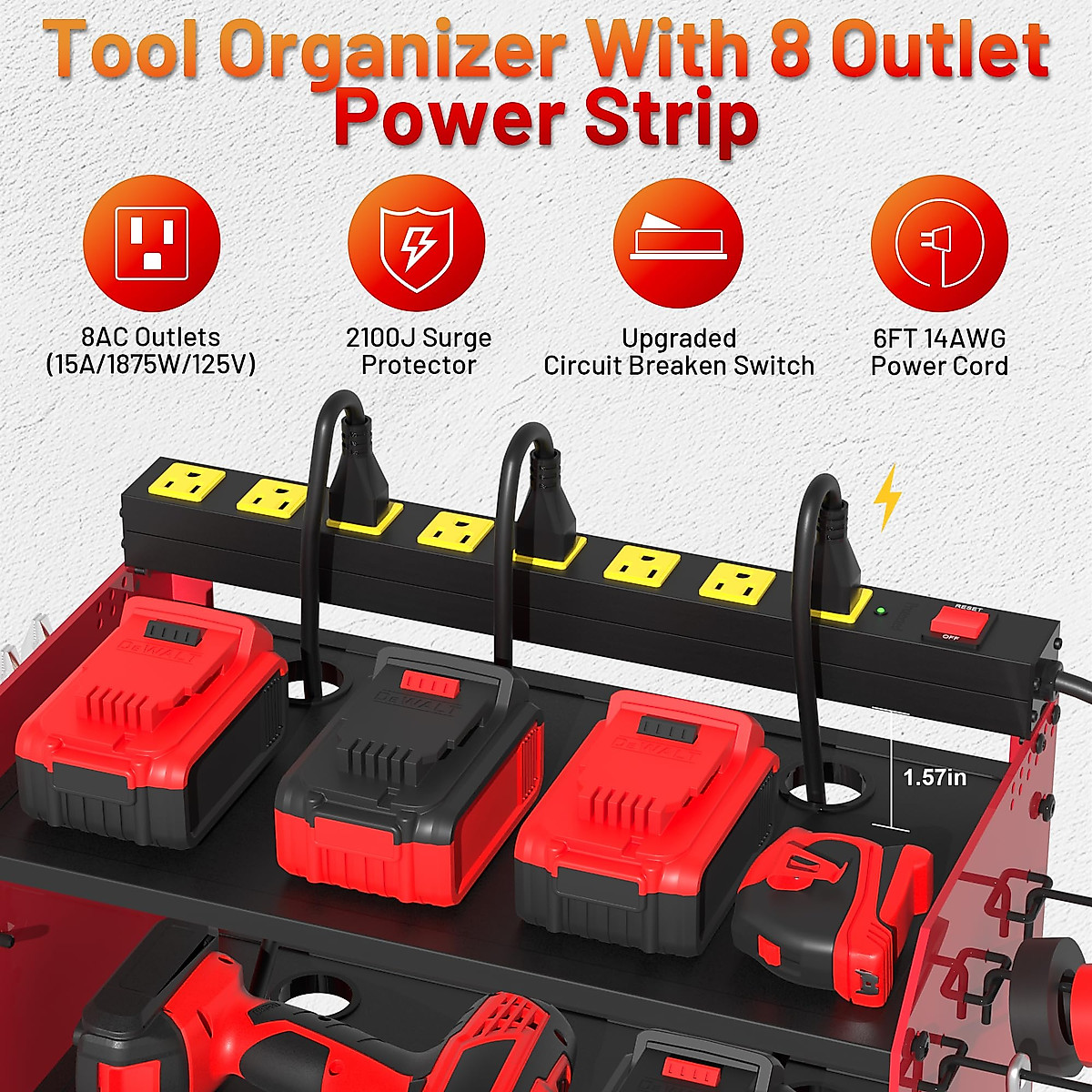 Modular Power Tool Organizer Wall Mount wtih Charging Station,Garage 4 Drill Holder Wall Mount with 8 Outlet Power Strip,Heavy Duty Tool Rack with Hooks,Screwdriver Rack in Workshop,Workbench