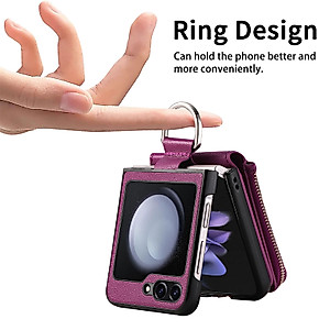 Asuwish Compatible with Samsung Galaxy Z Flip 5 5G 2023 Wallet Case and Card Slot Holder Ring Magnetic Clasp Cell Accessories Protective Zipper Phone Cover for ZFlip5 Z5 Flip5 5Z Flip5case Purple