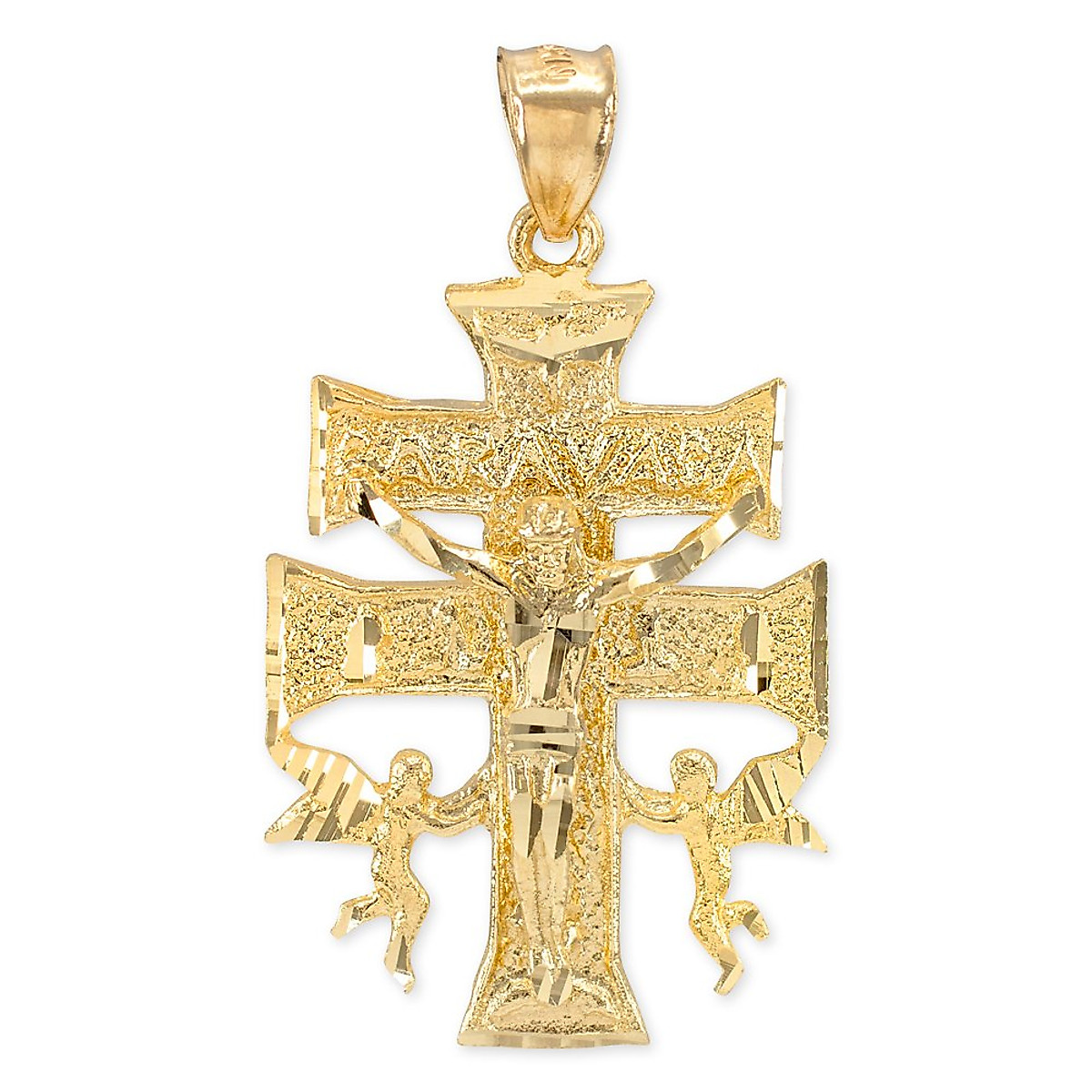 14k Yellow Gold Caravaca Double Cross with Angels Crucifix Pendant