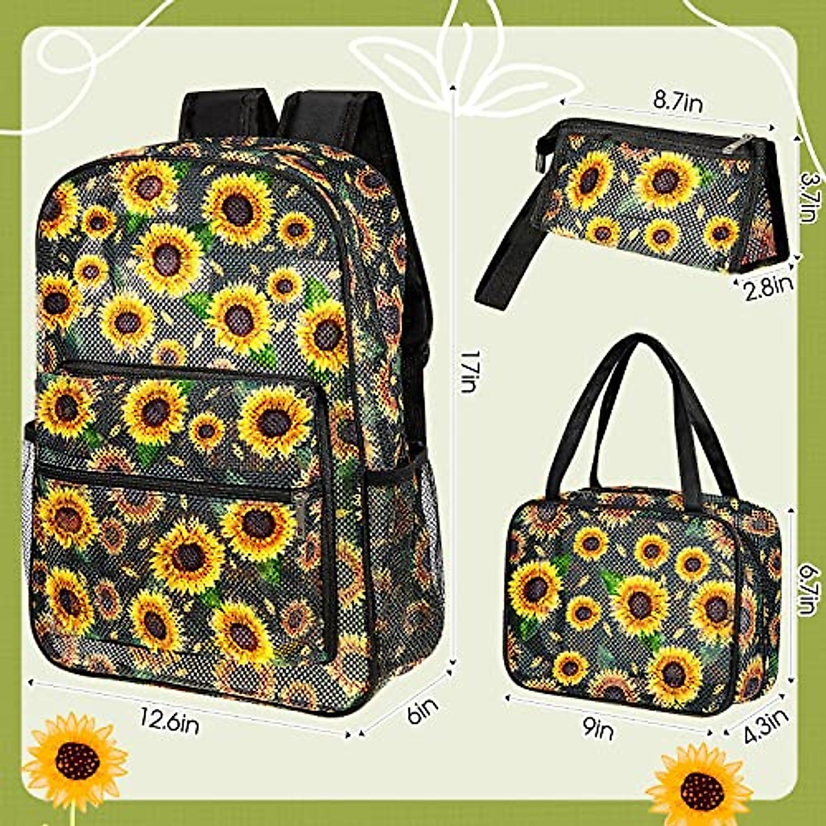 Silkfly Sunflower Mesh Backpack Cow Semi Transparent Sackpack School Bags for Girls with Cow Sunflower Lunch Bag and Pencil Case See Through Beach Bag Mesh (Sunflower Style)