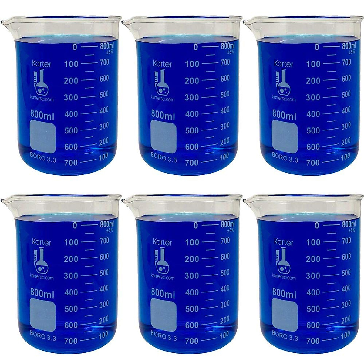 800ml Beaker, Low Form Griffin, Borosilicate 3.3 Glass, with Spout & Printed Graduations, Karter Scientific 232U2, (Pack of 6)