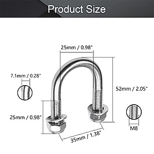 MroMax 4Pcs 304 Stainless Steel M8 Thread Silver Round Bend U Bolts with Nuts and Washers for Fastening Products to 0.98" Dia Pipe