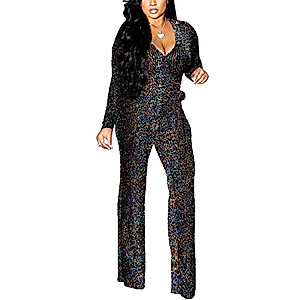 BessCops Sexy Sequin Jumpsuits for Women Plus Size Elegant Clubwear Sparkly High Waisted Wide Leg Pant Disco Outfits