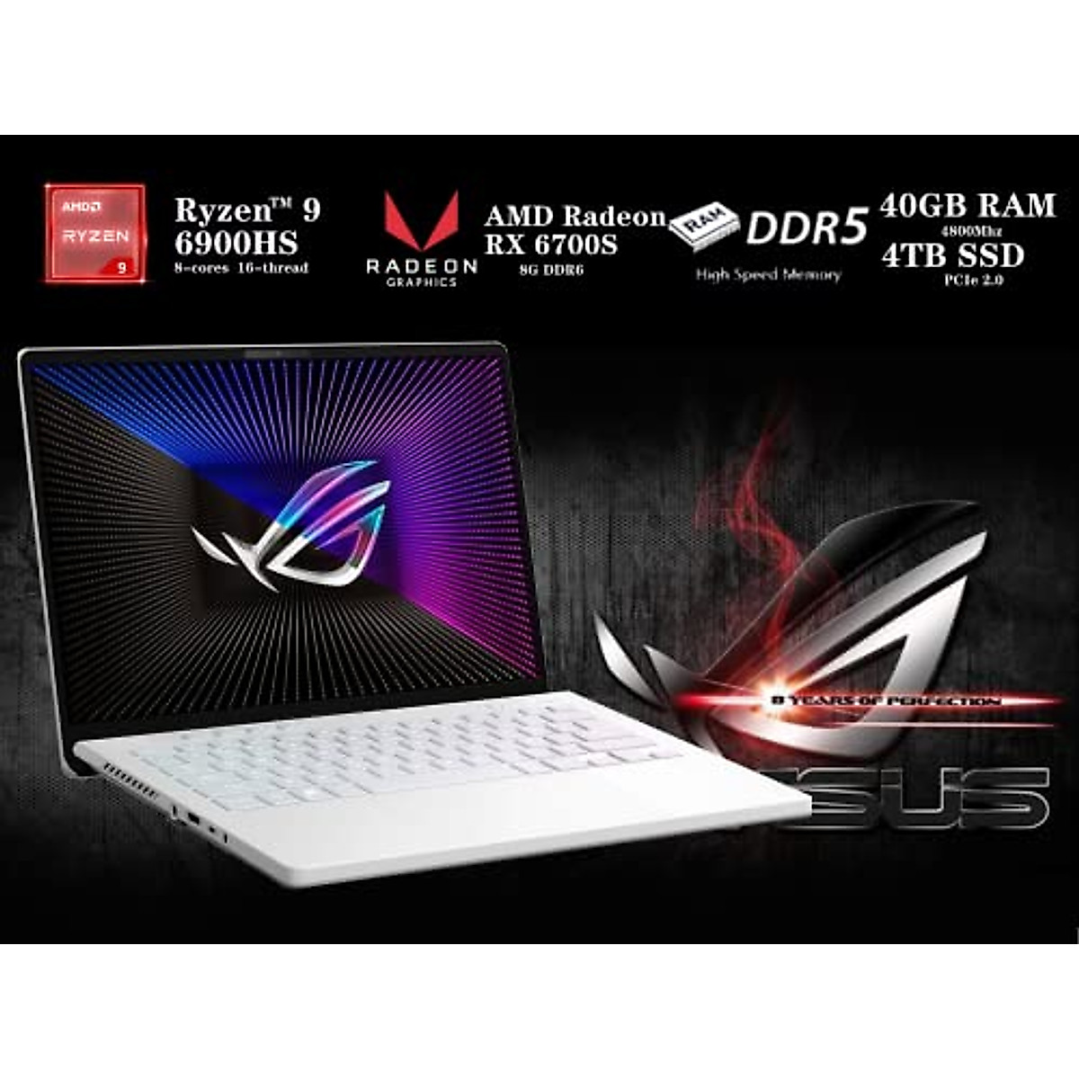 ASUS 2023 ROG Zephyrus 14" WQXGA 120Hz Gaming Laptop, AMD Ryzen-9 6900HS, 40GB DDR5 RAM, 4TB PCIe SSD, RGB Backlit Keyboard, AMD Radeon RX 6700S, Win 11, White, 32GB SnowBell USB Card