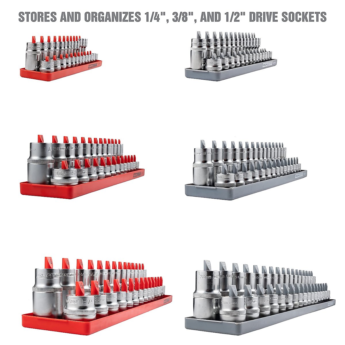 OEMTOOLS 22413 6 Piece SAE and Metric Socket Tray Set, SAE and Metric Socket Storage for Sizes 1/4", 3/8”, and 1/2" Drive, Socket Holders and Socket Organizer Tray for Toolbox, Red/Grey