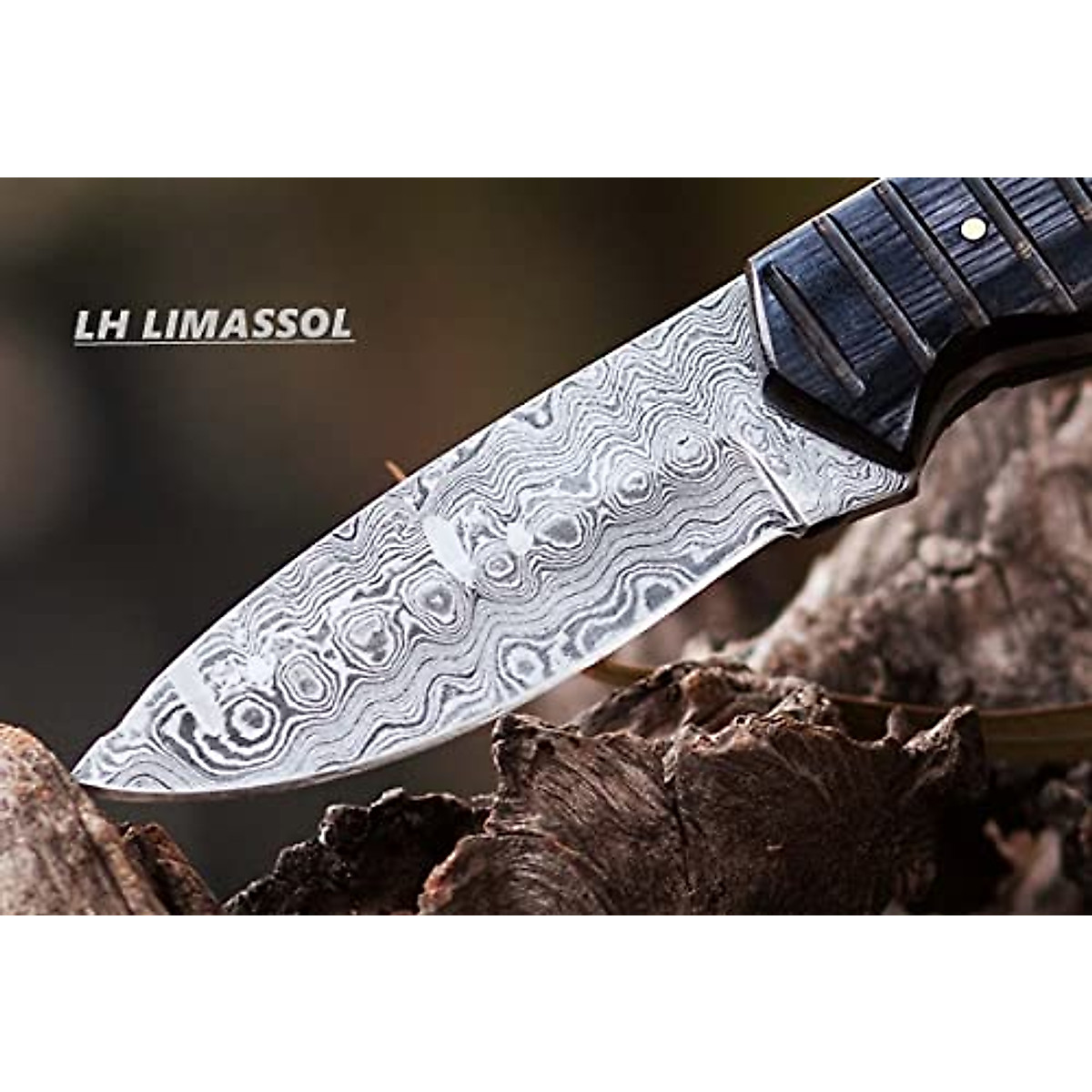 LH LIMASSOL 8 INCH Fixed Blade black Dollar Wood Custom Handmade Damascus Hunting knife/skinner knife/skinning knife with leather sheath