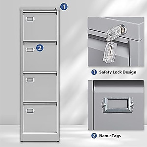 Anxxsu 4 Drawer File Cabinet, Filing Cabinets for Home Office, Metal Vertical File Storage Cabinet with Lock, Locking File Cabinet for A4 Legal/Letter, 15.1" W x 17.7" D x 52.5" H, Assembly Required