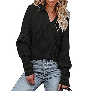 MEROKEETY Women's Batwing Long Sleeve V Neck Pullover Sweaters Foldover Collared Casual Knit Jumper Tops Black