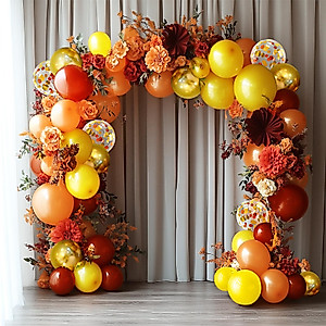 Kelfara Fall Balloons 80PCS 12 inch Orange Yellow Burgundy and Gold Confetti Latex Balloons with Ribbons for Fall Baby Shower Birthday ThanksGiving Pumpkin Themed Party Decorations