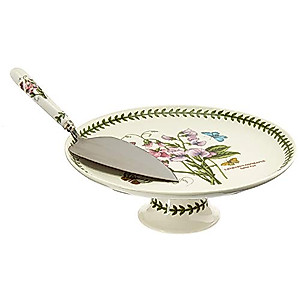 Portmeirion Botanic Garden Footed Cake Plate with Server | 10 Inch Cake Plate with Sweet Pea Motif | Made from Porcelain | Dishwasher and Microwave Safe