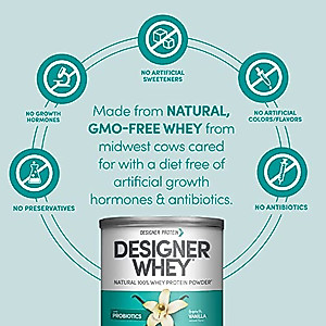 Designer Wellness Designer Whey Natural 100% Whey Protein Powder with Probiotics , Fiber, and Key B-Vitamins for Energy, Gluten-free, Non-GMO, French Vanilla 12 oz