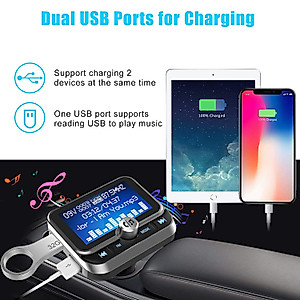 ToHayie Bluetooth FM Transmitter for Car, Transmitter Bluetooth Car Wireless Radio Adapter Hands-Free Car Kit with 1.8 inch Display, Dual USB Car Charger, AUX Input/Output, TF Card Mp3 Player, Silver