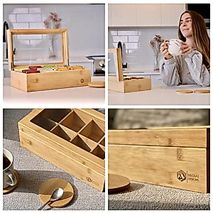 Premium High-end 100% Natural Bamboo Tea Box with 2 Coasters - Wooden Tea Organizer - Tea Bag Organizer Wooden Storage Box - 8 Adjustable Compartments - Clear Lid - Magnet Closure