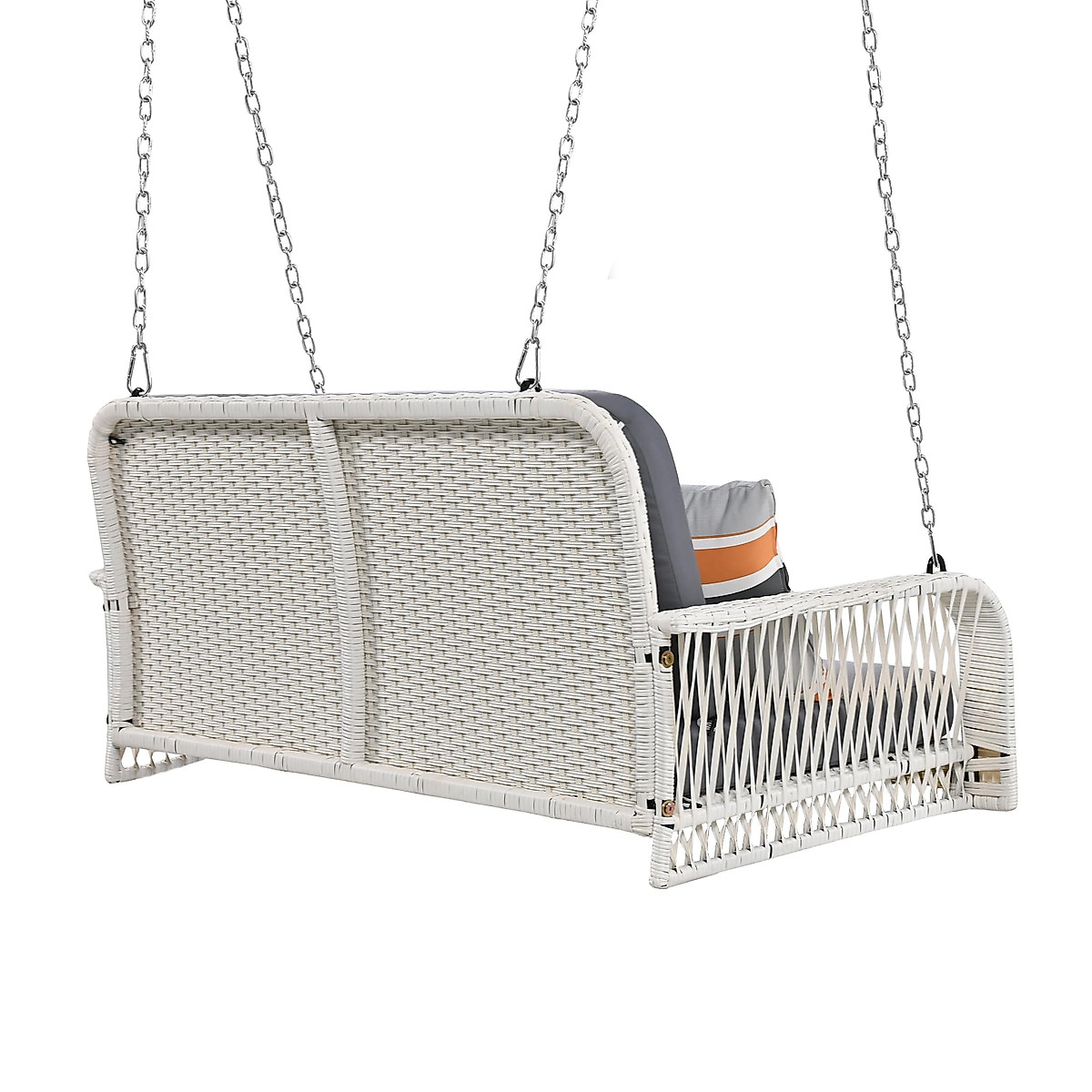 XD Designs Modern PE Wicker Porch Swing, 2-Seater Hanging Bench, 2 Person Front Hanging Porch Swing Bench with Chains, Cushion, Pillow for Backyard Garden Poolside, Max 500 Lb (White-FM)