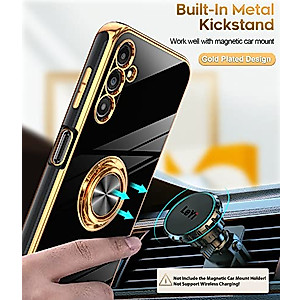 LeYi for Samsung Galaxy A14 5G Case: with 2 Pack Tempered Glass Screen Protector and 360° Rotatable Ring Holder Magnetic Kickstand, Plating Rose Gold Edge Protective Samsung A 14 5G Case, Black