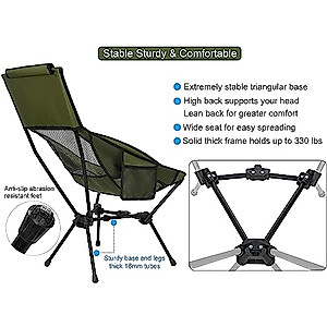 MARCHWAY Lightweight Folding High Back Camping Chair with Head Support, Stable Portable Compact for Outdoor Camp, Travel, Beach, Picnic, Festival, Hiking, Backpacking (Green)