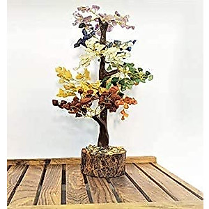 Shawn Seven Chakra Natural Healing Gemstone Bonsai Fortune Money Tree for Good Luck, Wealth & Prosperity Office Decor Spiritual Gift (with Golden Wire and 300 Beads) Size 10-12 Inches, Golden,natural