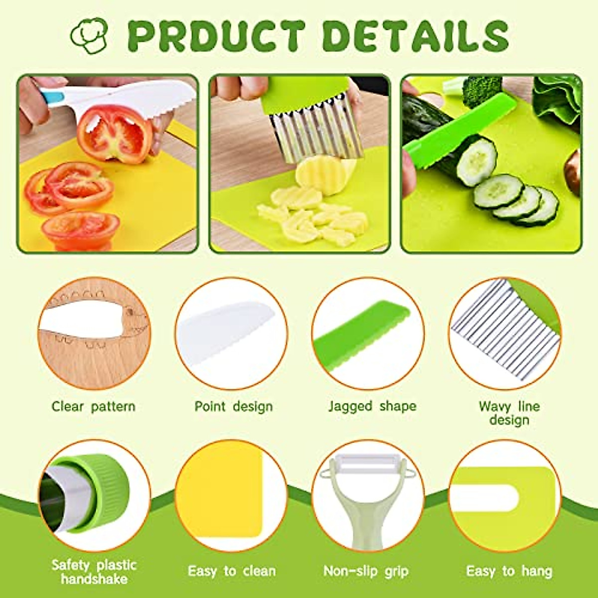 13 Pieces Montessori Kitchen Tools for Toddlers-Kids Cooking Sets Real-Toddler Safe Knives Set for Real Cooking with Plastic Toddler Safe Knives Crinkle Cutter Kids Cutting Board