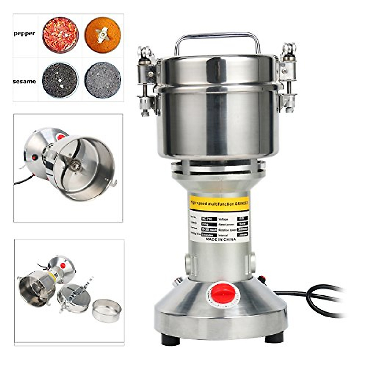 Homend High Speed 700g Electric Grain Mill Grinder Powder Machine Spice Herb Grinder 2500W 70-300 Mesh 36000RPM Stainless Steel Commercial Grade for Kitchen Herb Spice Pepper Coffee (700g)