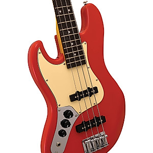 CNZ Audio JB Mini Electric Bass Guitar Left Handed - Fiesta Red Body, Maple Neck, Rosewood Fingerboard & 3-Ply Ivory Pickguard, 28.6" Short Scale Premium Pickups, Vintage Steel Bridge & Tuners