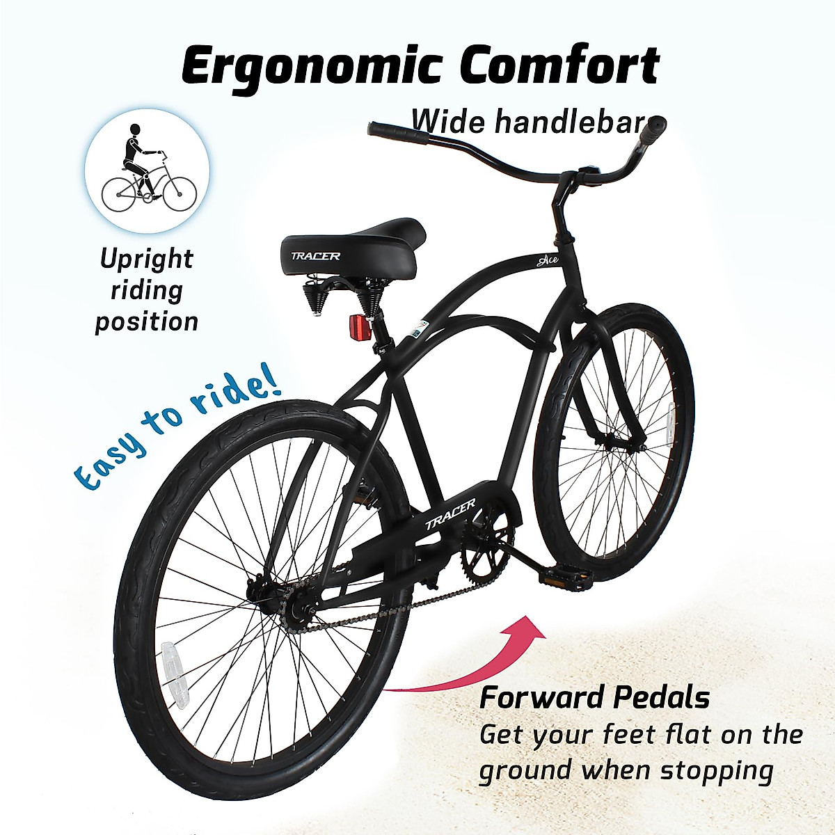 Tracer ACE 26" Beach Cruiser Bike Adult, 26 Inch Wheels, Steel Step Over or Step Through Steel Frame, Coaster Brake, Hybrid Bike, 1 Speed, Complete Cruiser, Matte Black(Male, M)