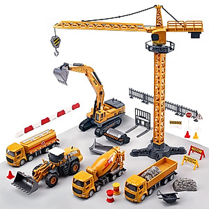 CUTE STONE Alloy Construction Vehicles Truck Toy Set, Kids Engineering Truck Playset, Crane, Excavator, Cement, Fuel Truck, Wheel Loader with 3 Interchangeable Parts,Gift for Toddlers Boys Children