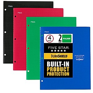 Five Star DuraShield Antimicrobial 2 Pocket Stay-Put Plastic Folders, 4 Pack, Holds 11" x 8-1/2", Black, Red, Electric Green, Cobalt Blue (330010)