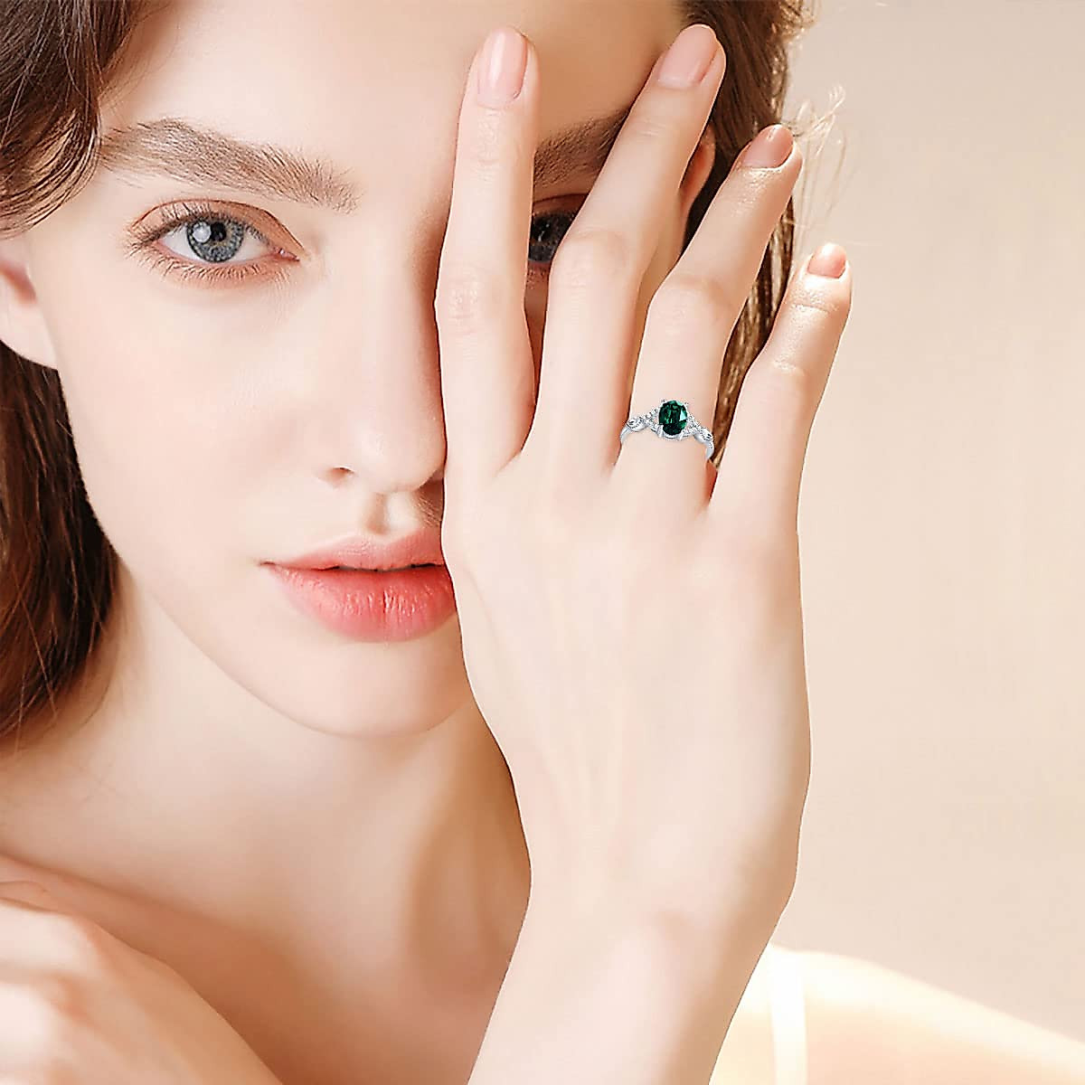 Plesitep Sterling Silver Simulated Green Emerald Statement Engagement Ring for Women Teen Girl (6)