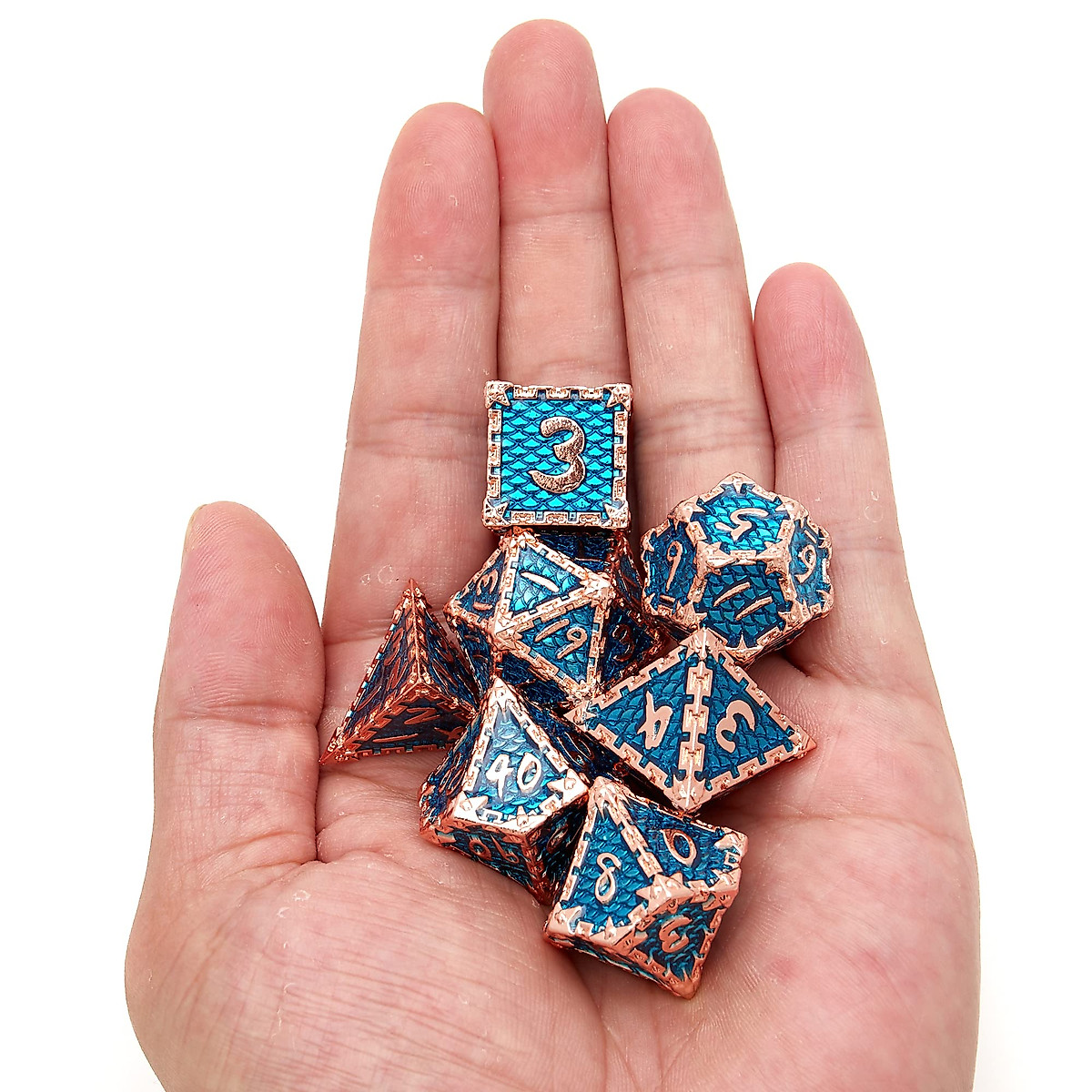 Ouyide Metal dice, DND dice Set, Dragon Skin Scale Iron Chain, Suitable for Role-Playing Dungeons and Dragons dice Set Game（Rose Gold Rim + Blue）