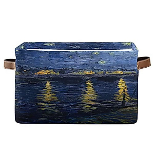 ALAZA Van Gogh Moon Art Large Storage Basket with Handles Foldable Decorative 1 Pack Storage Bin Box for Organizing Living Room Shelves Office Closet Clothes