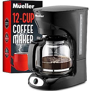 Mueller 12-Cup Drip Coffee Maker with Permanent Filter and Borosilicate Glass Carafe, Auto Keep Warm Function, Clear Water Level Window Coffee Machine