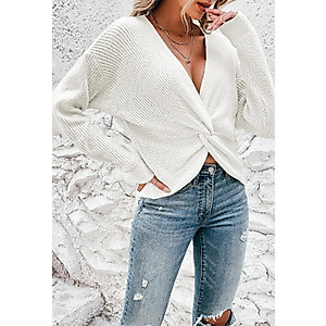 Pink Queen Women's 2024 Casual Pullover Sweaters Sexy Deep V Neck Long Lantern Sleeve Twist Knot Wrap Cropped Knit Sweater Tops White M