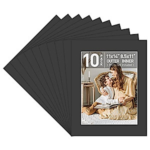 Golden State Art, Acid Free, Pack of 10 Black Pre-Cut 11x14 Picture Mat for 8.5x11 Photo with White Core High Premier Bevel Cut Mattes