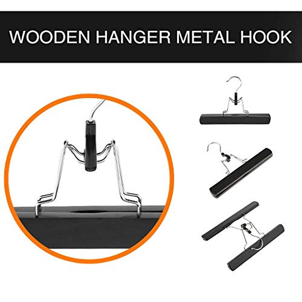 Pack of 5 Wooden Pants Hangers Non Slip Skirt Hangers Wig Hair Extension Hanger with 360° Swivel Hook Clip Hangers (Z- 5 Pack Hangers Black)