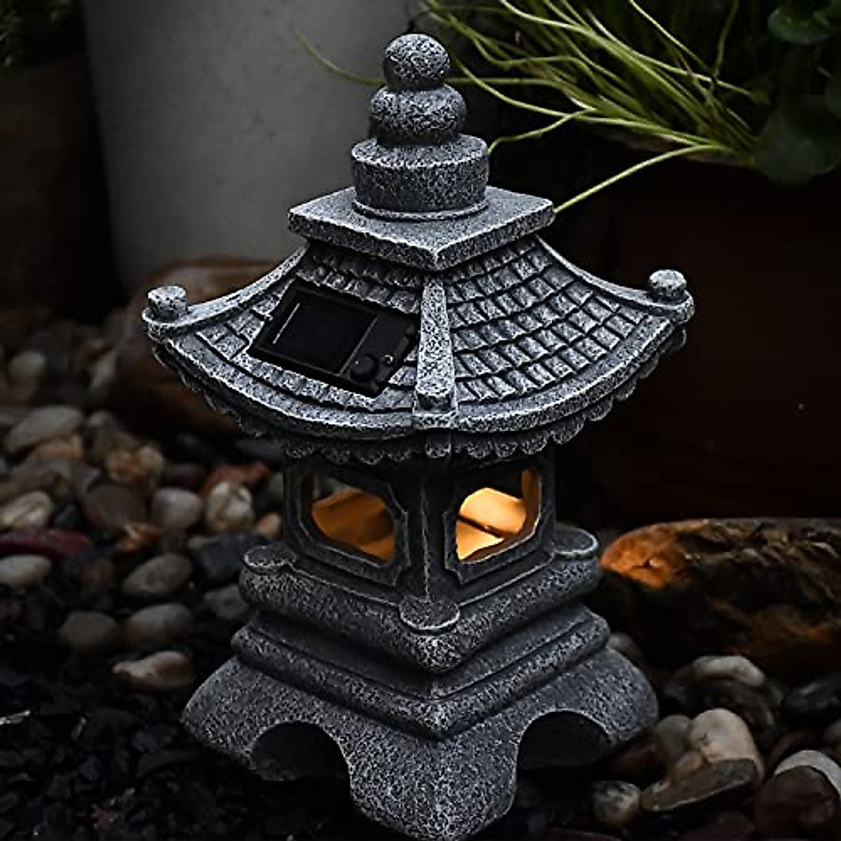 Gardenfans Solar LED Pagoda Lantern Garden Statue Light Outdoor Zen Garden Japanese Lantern for Landscape Balcony Patio Porch Yard Art Decor 6.7"H Gray Stone Finish