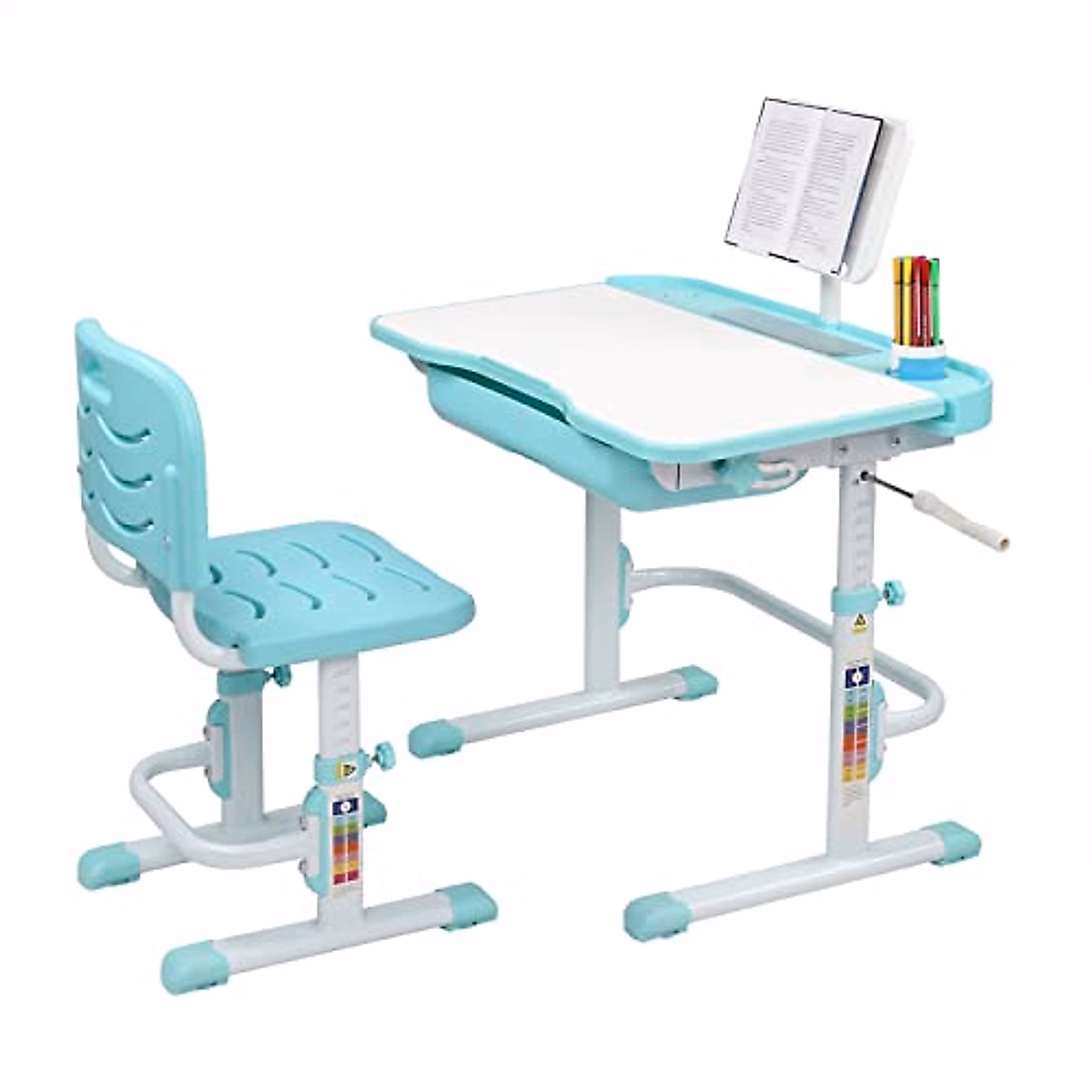 Desk and Chair Set Adjustable Height Desk Chair Writing Drawing Reading Tables with Drawer Storage Bookstand, Blue Green-A