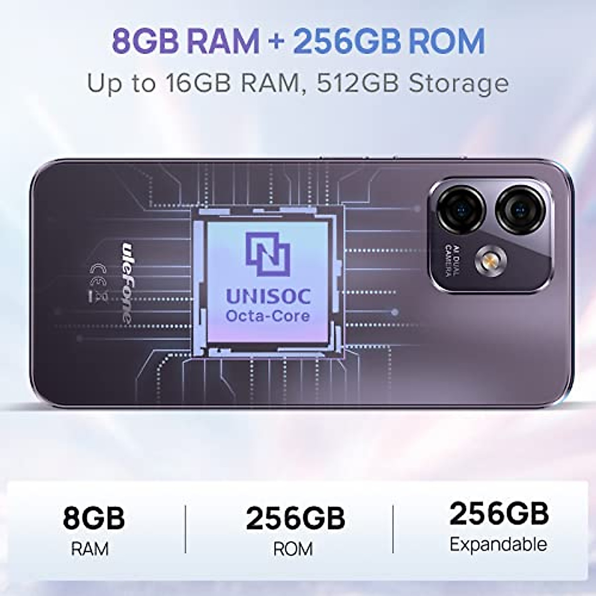 Ulefone Note 16 Pro Unlocked Cell Phone 16GB+256GB, 8-Core, 6.52" Display Smartphone Unlocked, Android 13, 50MP AI Camera Mobile Phone, 4400 mAh, Dual 4G LTE, Fingerprint Unlock, U.S. Version, Purple