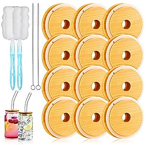 16 oz Beer Glasses Lids with Straw Hole Drinking Glass Cups Anticorrosion Beer Can Cups Lids Bamboo Lids with Brush for 16 oz Canned Beer Glasses Jar Glasses and Cans (12 Pack)