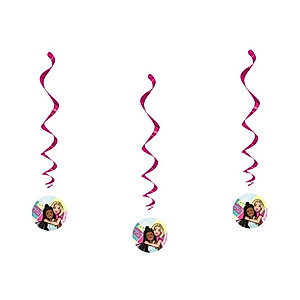 Barbie Birthday Party Supplies Bundle includes 1 Happy Birthday Banner, 3 Hanging Swirl Decorations, 1 Dinosaur Sticker Sheet