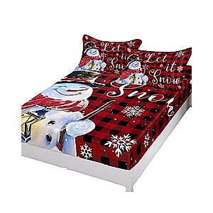 Full Size Fitted Sheet Bed Set Christmas Winter Snowman Cardinal Deep Pocket Soft Bottom Sheets&Pillowcases for Bedroom Decor Red and Black Buffalo Plaid,Fits Mattress Up to 16" Deep