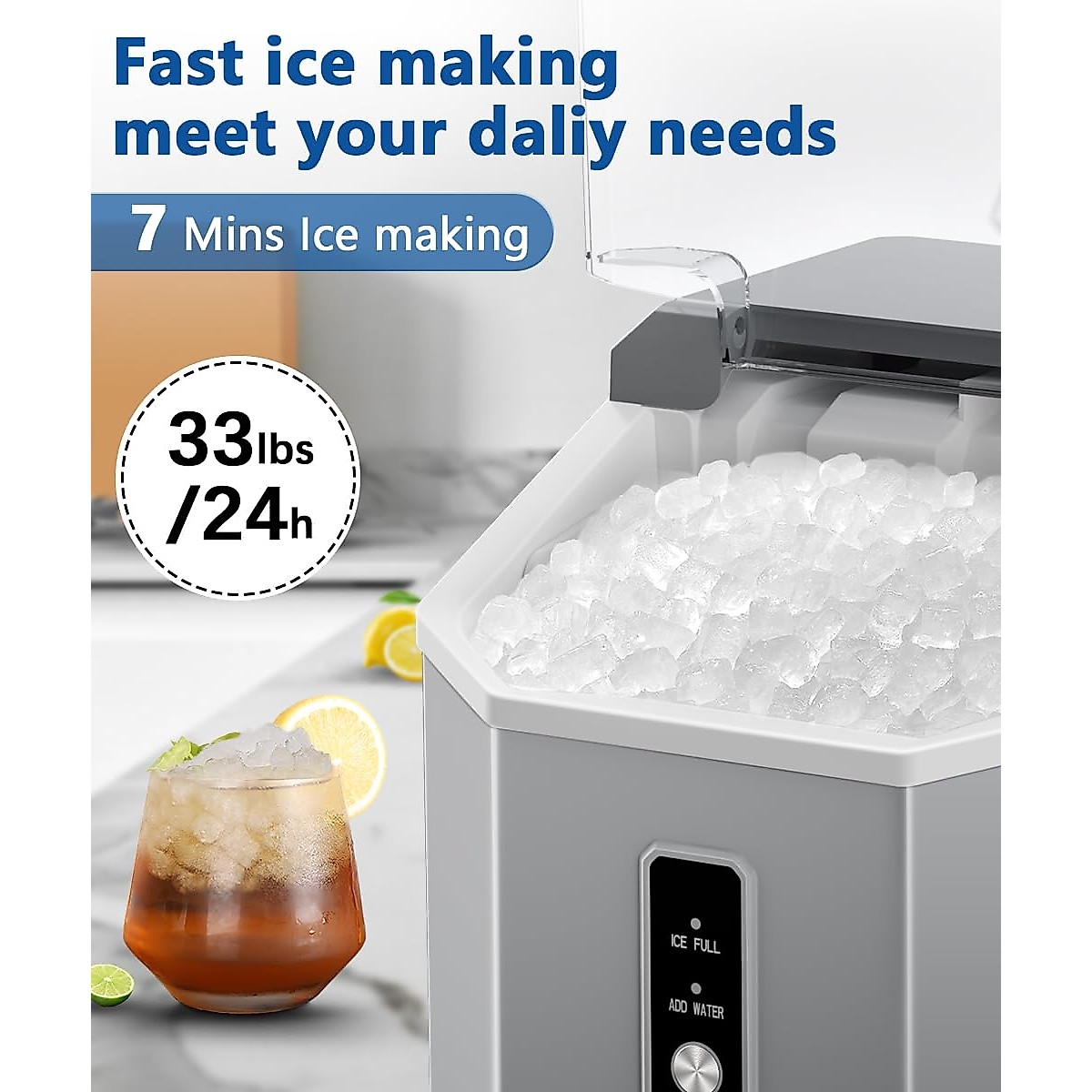 Joy Pebble Nugget Ice Maker, 10,000pcs/33lbs/Day, Portable Handheld Nugget Ice Maker Machine with Handle, Ice Makers Countertop Self-Cleaning, Ice Scoop and Basket, for Home/Office/Party, Silver