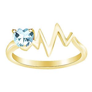 Wishrocks Heart Shaped Simulated Aquamarine Heartbeat with Heart Ring Jewelry Gift For Women In 14k Yellow Gold Over Sterling Silver Ring Size- 6