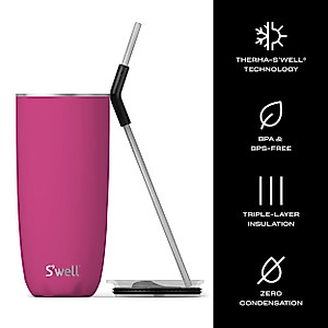 S'well Stainless Steel Tumbler with Straw and Slide-Open Lid, 24oz, Azalea Pink, Triple Layered Vacuum Insulated Containers Keeps Drinks Cold for 18 Hours and Hot for 5, BPA Free