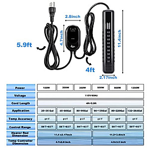 AQQA Submersible Aquarium Heater,100W/200W/300W/500W/800W/1200W Fish Tank Heater,External Temperature Controller LED Temperature Display with 2 Suction Cups Suitable for Saltwater and Freshwater