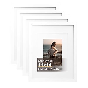 KINLINK 11x14 Picture Frame White, Solid Wood Frames with Acrylic Plexiglass for Pictures 5x7/8x10 with Mat or 11x14 without Mat, Tabletop and Wall Display, Set of 4