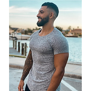 URRU Men's Muscle T Shirts Stretch Short Sleeve Bodybuilding Workout Casual Slim Fit Tee Shirts Grey M