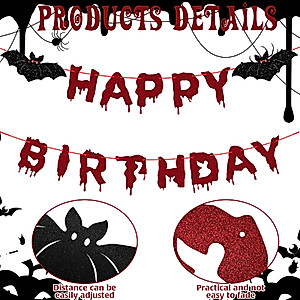 Red Glittery Happy Birthday Halloween Banner, Simple Suspension Halloween Birthday Party Supplies Horror Themed Birthday Decorations, Bat Vampire Halloween Party Scary Horror Party Decorations
