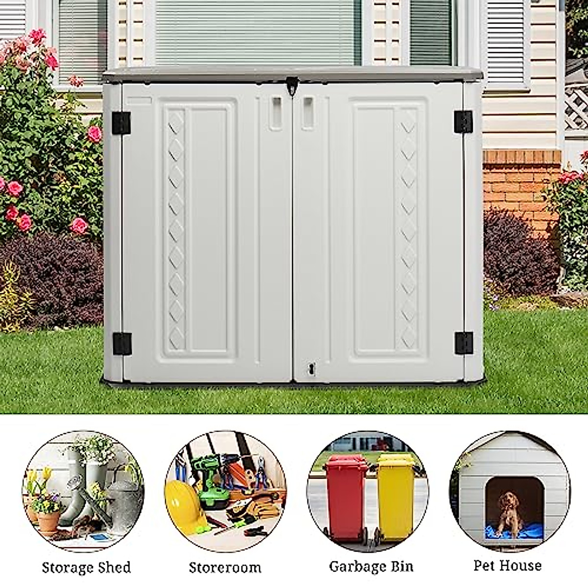 Outvita Outdoor Horizontal Storage Sheds, 34 Cu Ft Weather Resistant Resin Tool Shed, Multi-Opening Door Waterproof & Lockable for Storage of Bike, Trash Cans, Garden Tools, Lawn Mowers